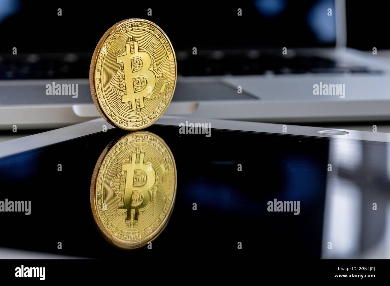 Bitcoins and New Virtual money concept. vertical frame Stock Photo - Alamy