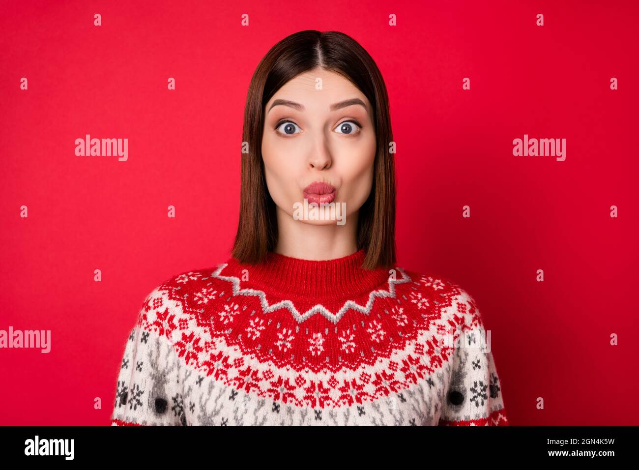 Photo of tricky charming young woman dressed print pullover sending you ...