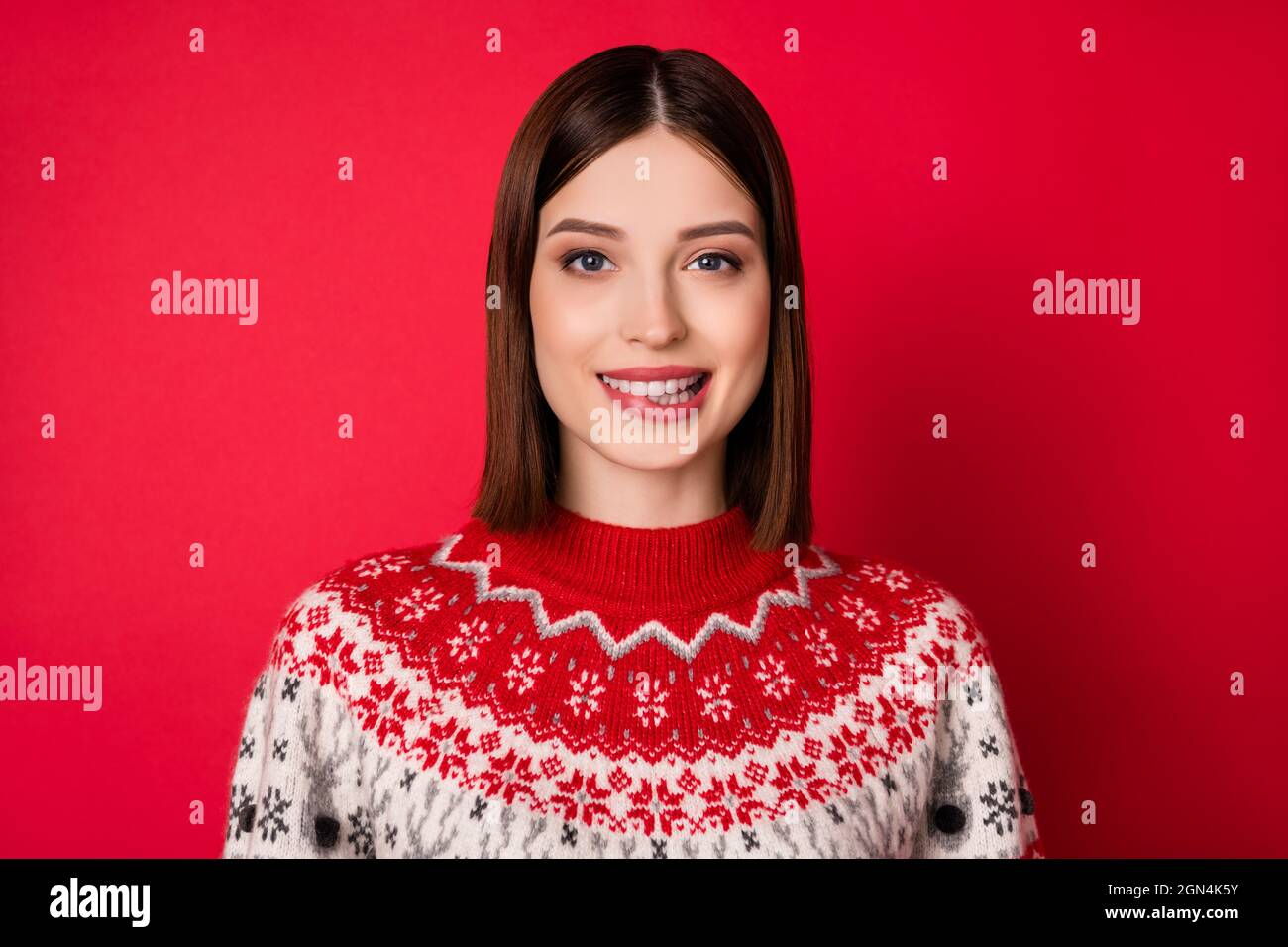 Photo of dreamy tricky young woman dressed prink pullover smiling ...