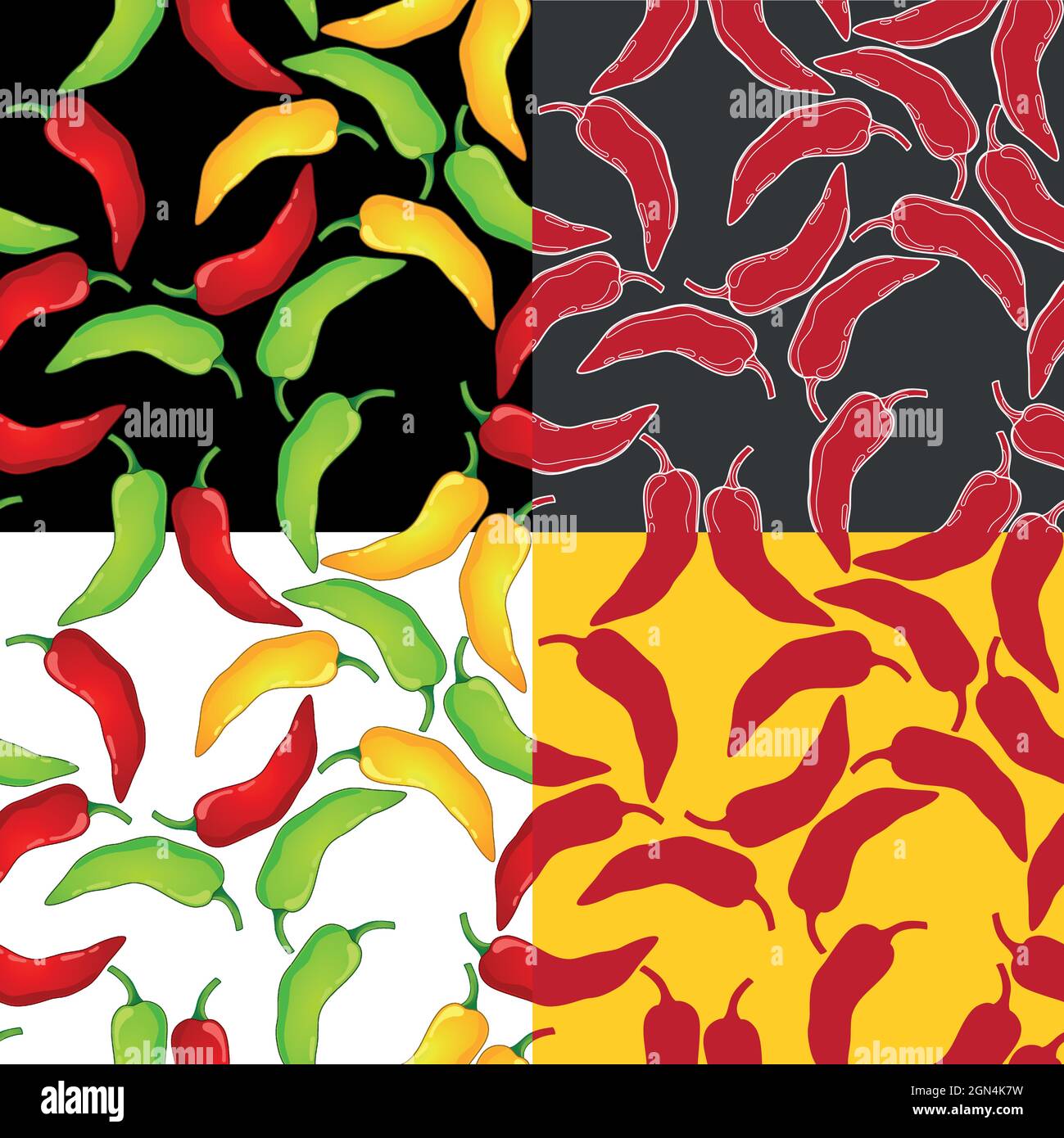 Red, Green, Yellow Pepper vector seamless pattern set. Mexican chili ...