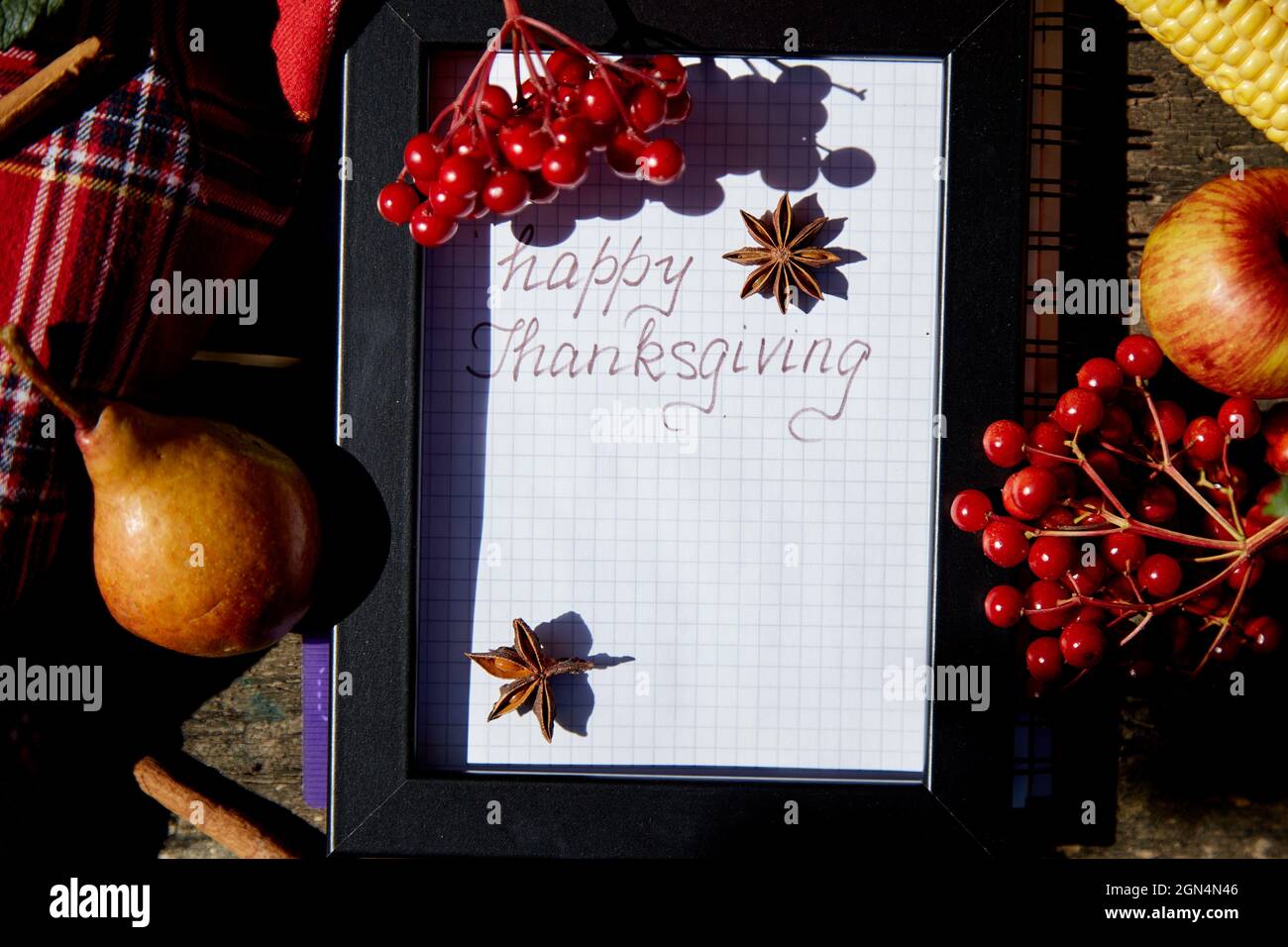 Handwritten congratulations on Thanksgiving Day greetings in a frame ...