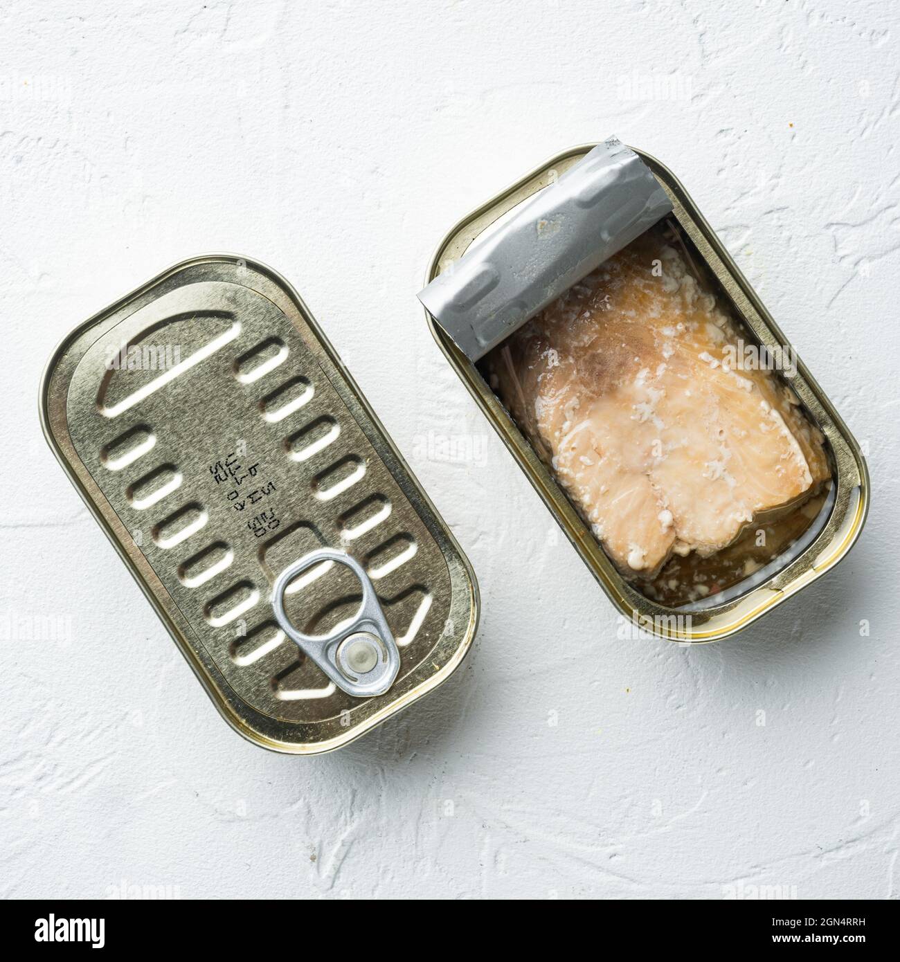 Canned salmon, fish preserves set, in tin can, on white background, top ...