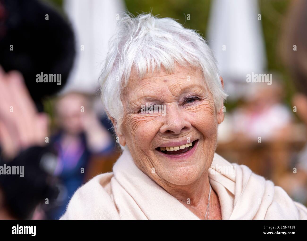 Dame Judi Dench at the RHS Chelsea flower Show with a red rose Stock ...