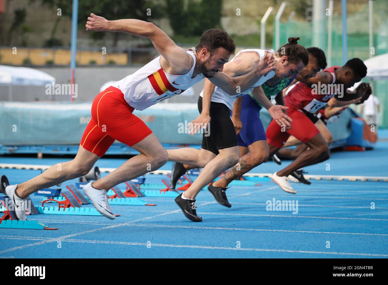 ISTANBUL, TURKEY - JUNE 23, 2021: Athletes running 100 metres during ...