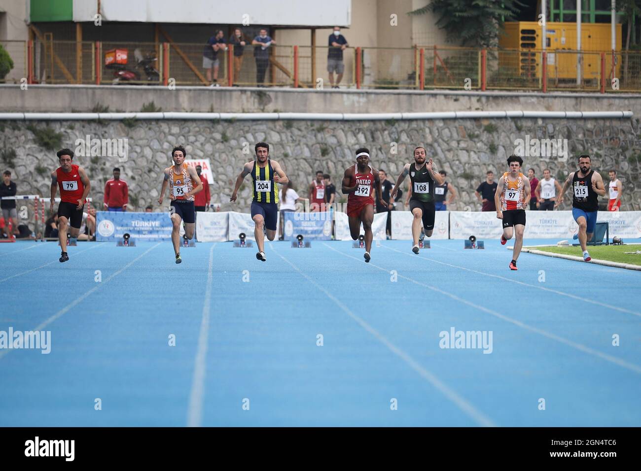 ISTANBUL, TURKEY - JUNE 23, 2021: Athletes running 100 metres during ...