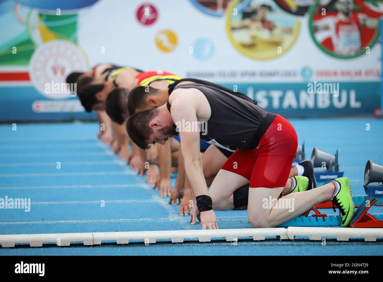 ISTANBUL, TURKEY - JUNE 23, 2021: Athletes running 100 metres during ...
