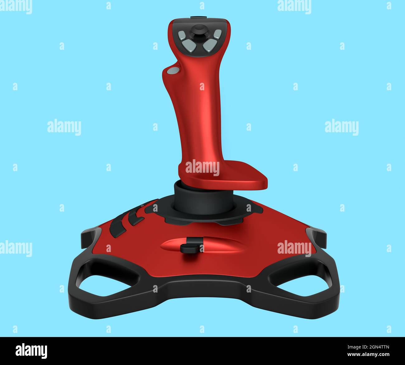 Realistic red joystick for flight simulator isolated on blue background ...