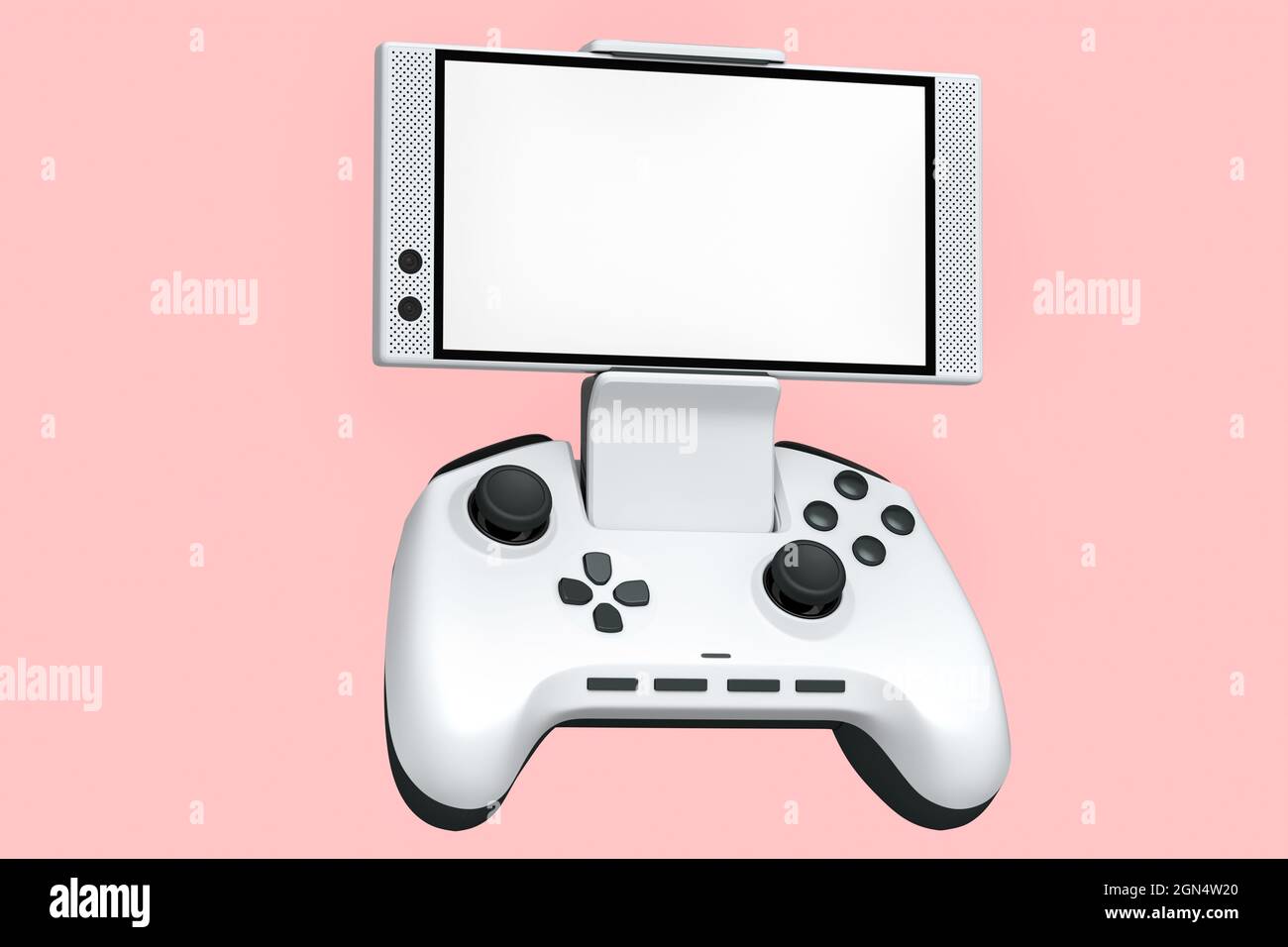 Realistic white joystick for playing games on a mobile phone on pink ...