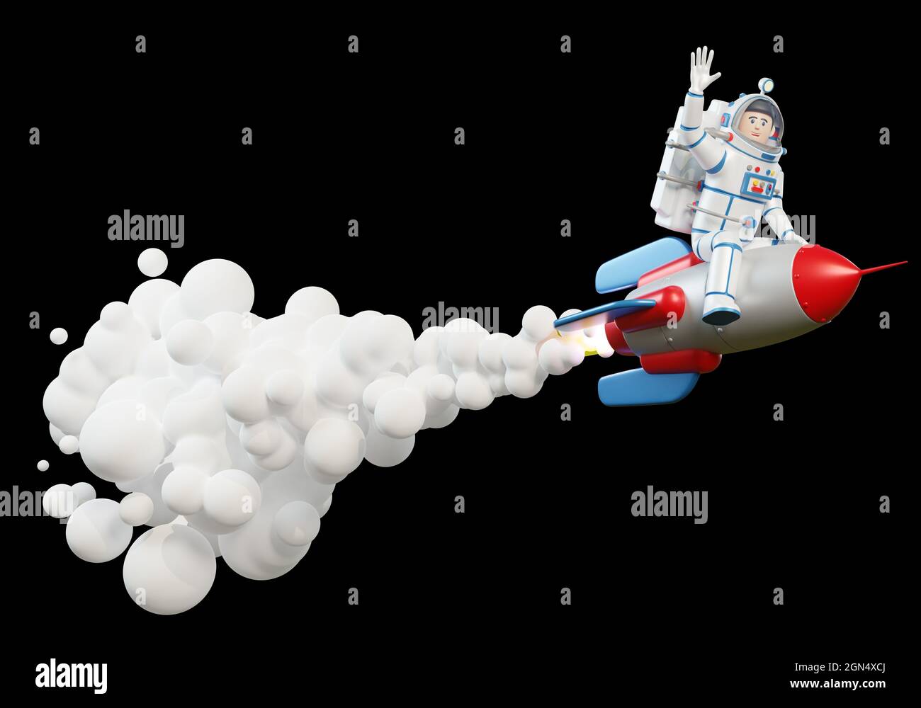 3d Astronaut in spacesuit riding on rocket that releases flames and ...