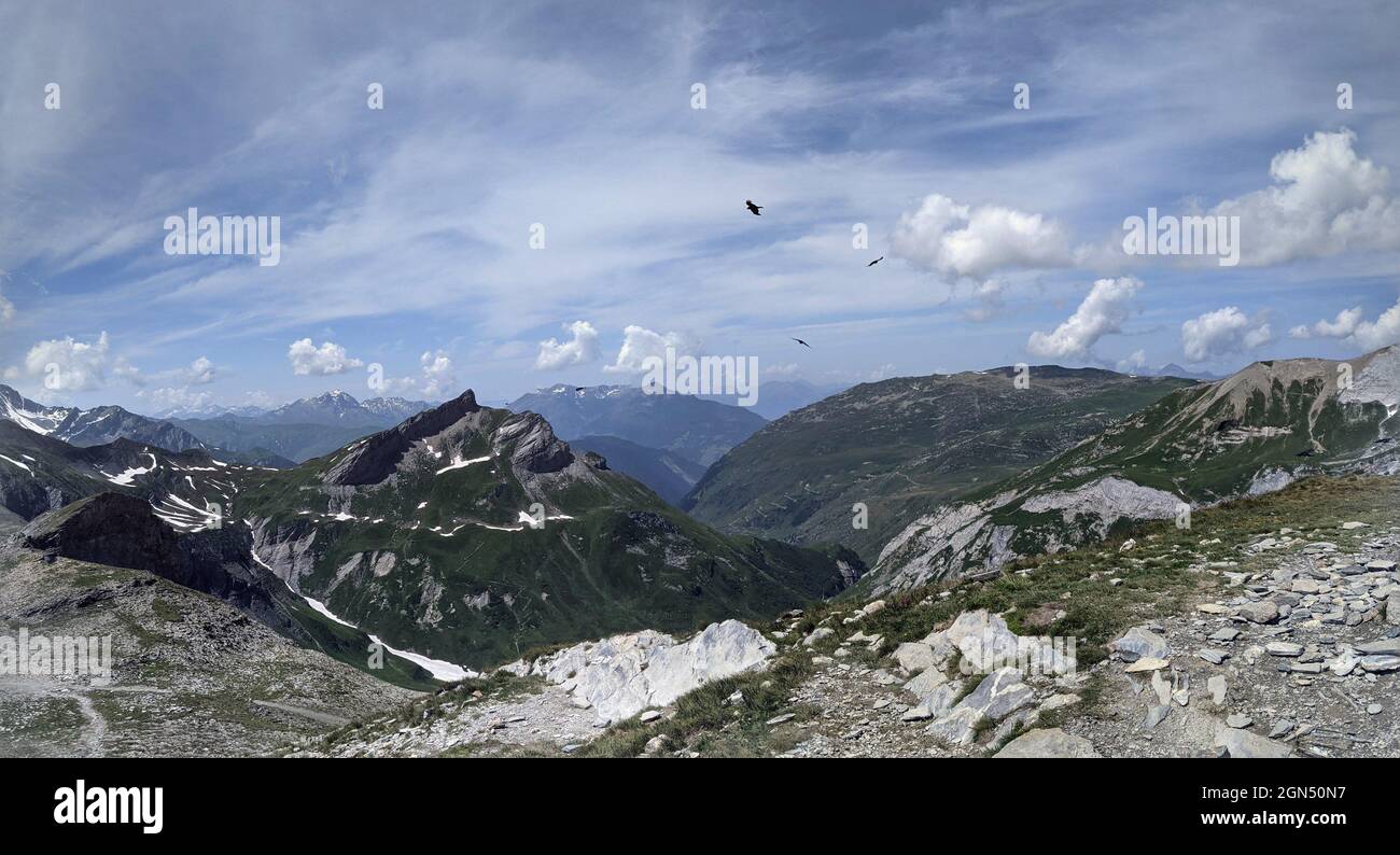View of European Alps. Rocky mountains in Switzerland with some patches ...