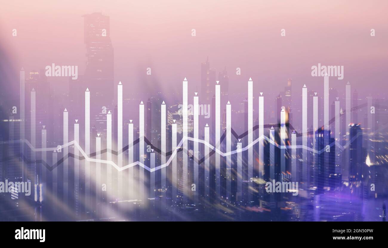Histogram and lines economic chart on modern architecture background ...