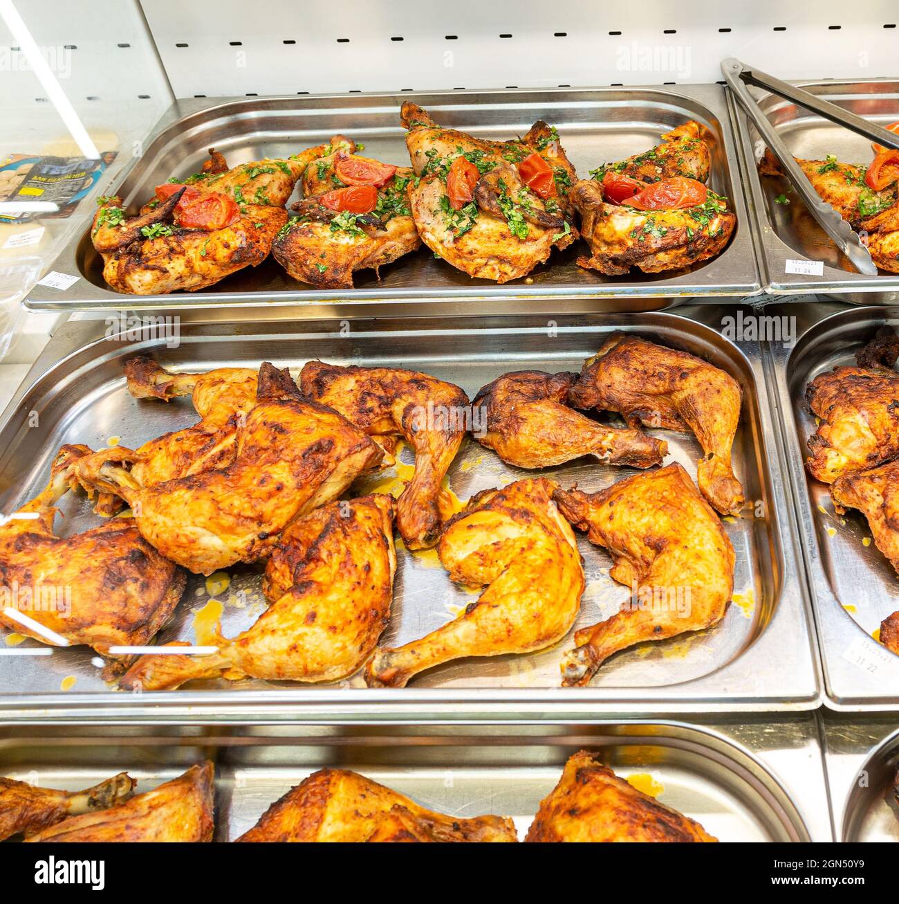 Samara, Russia - September 19, 2021: Showcase with tasty grilled ...