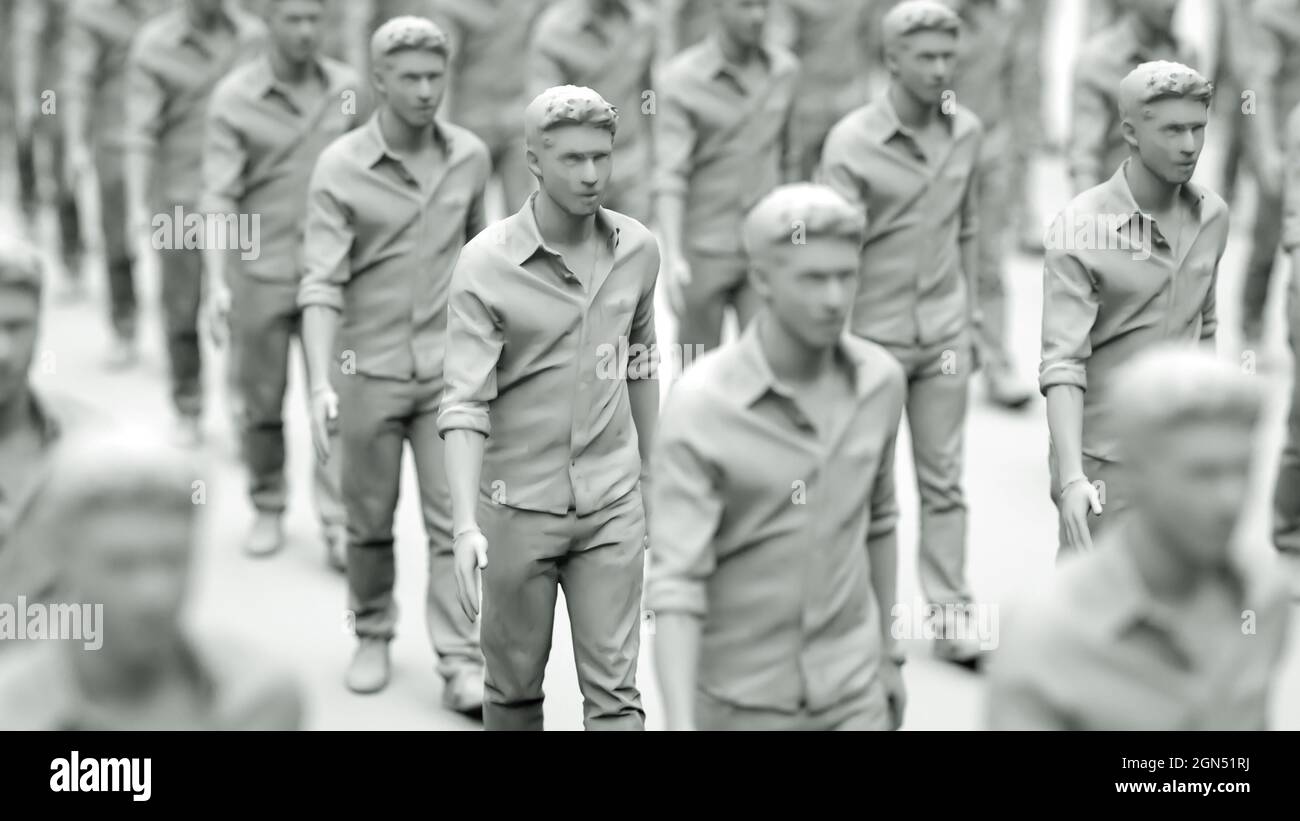 3D rendering of people marching in rows on a white background Stock ...