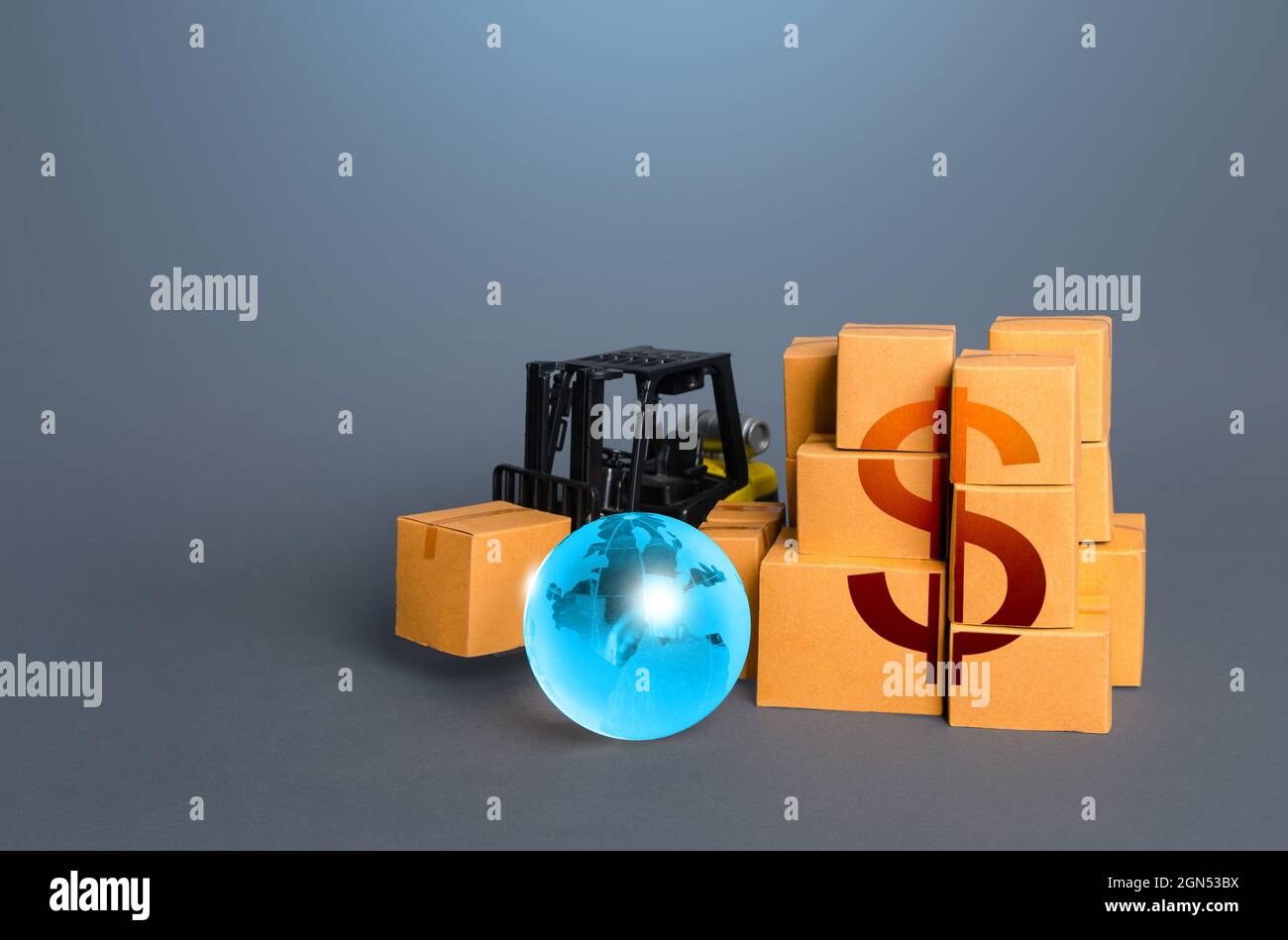 Forklift and boxes with US dollar symbol. Trade and goods ...