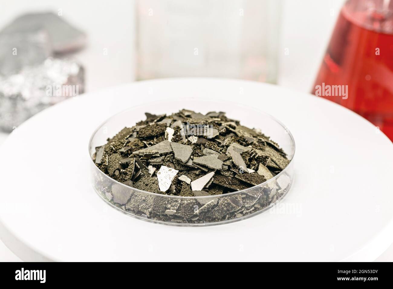 Manganese samples in petri dish, pure manganese metal flakes used in ...