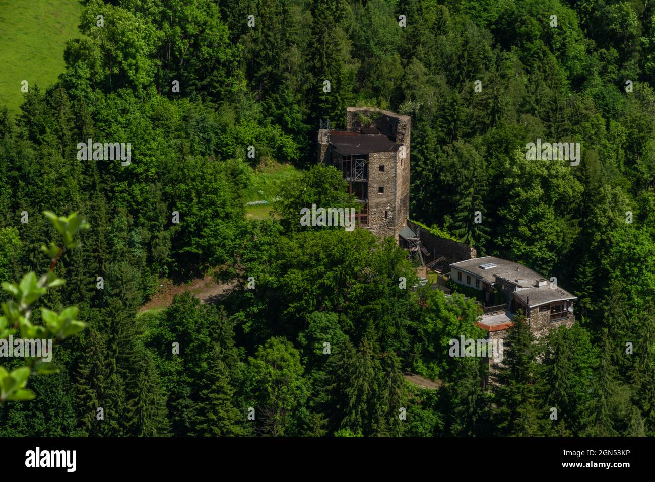 Schockl hill and Ehrenfels castle near Sankt Radegund town in summer ...