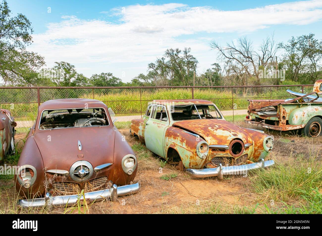 vintage wrecked American cars in junkyard near Amarillo on Route 66 USA ...