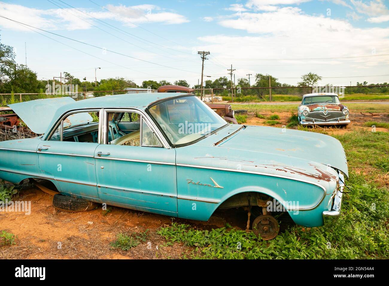 vintage wrecked American cars in junkyard near Amarillo on Route 66 USA ...