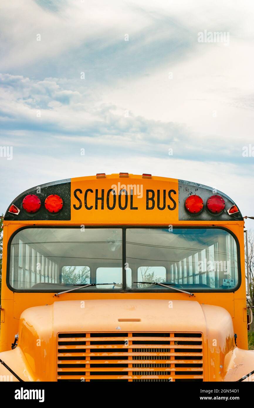 close up of front of American yellow school bus on Route 66 USA Stock ...