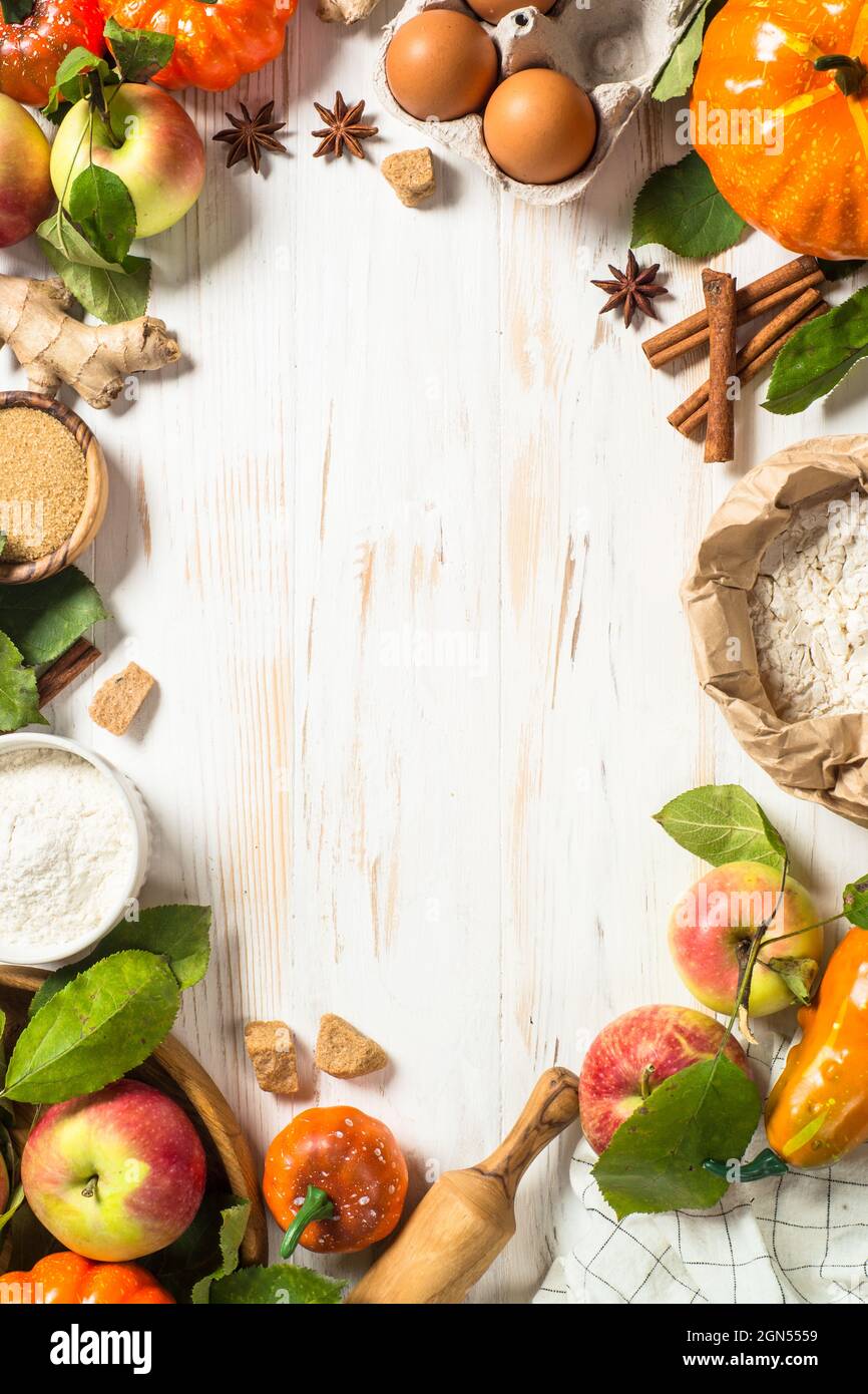 Autumn baking background on white table Stock Photo - Alamy
