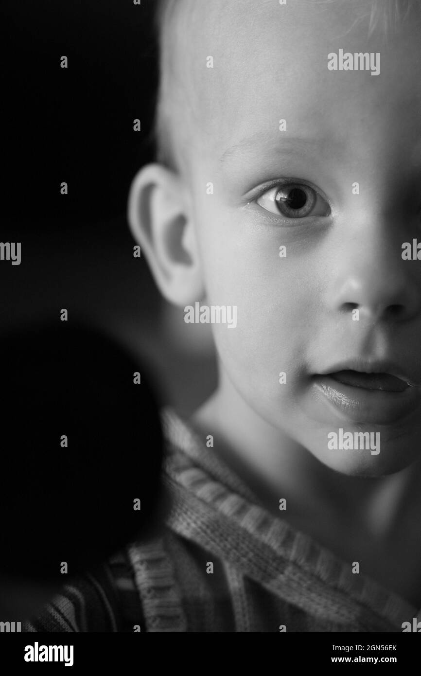 One year old baby boy stare straight to camera, monochrome image Stock ...