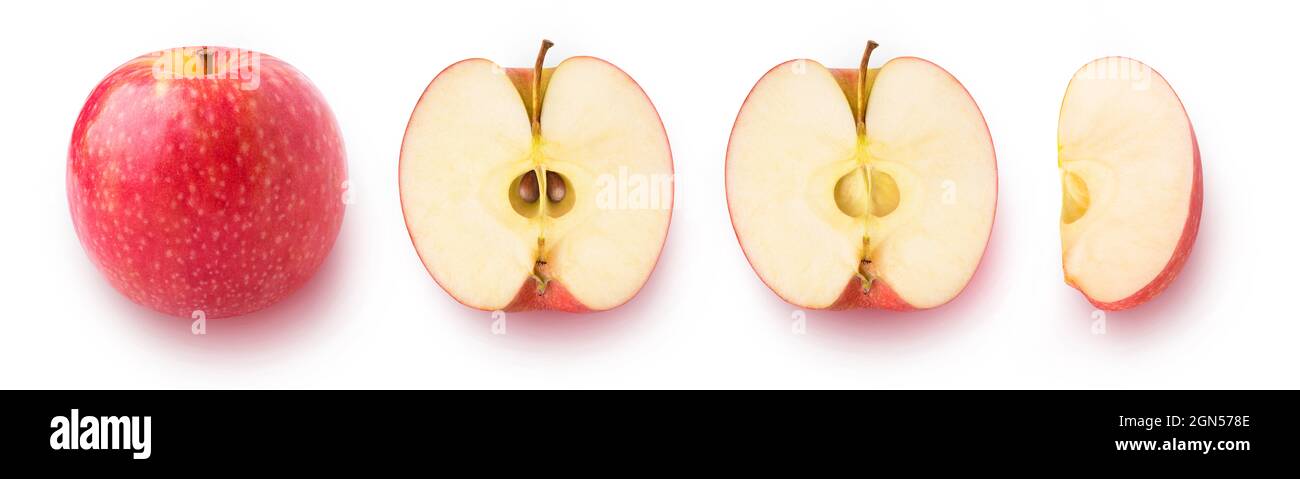 Whole red apple fruit, half and pieces in a row, flat lay, isolated on ...