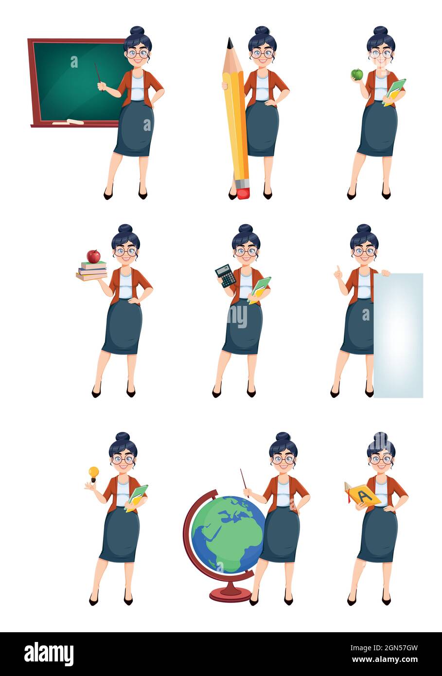 Happy Techer day. Cute female teacher cartoon character, set of nine ...