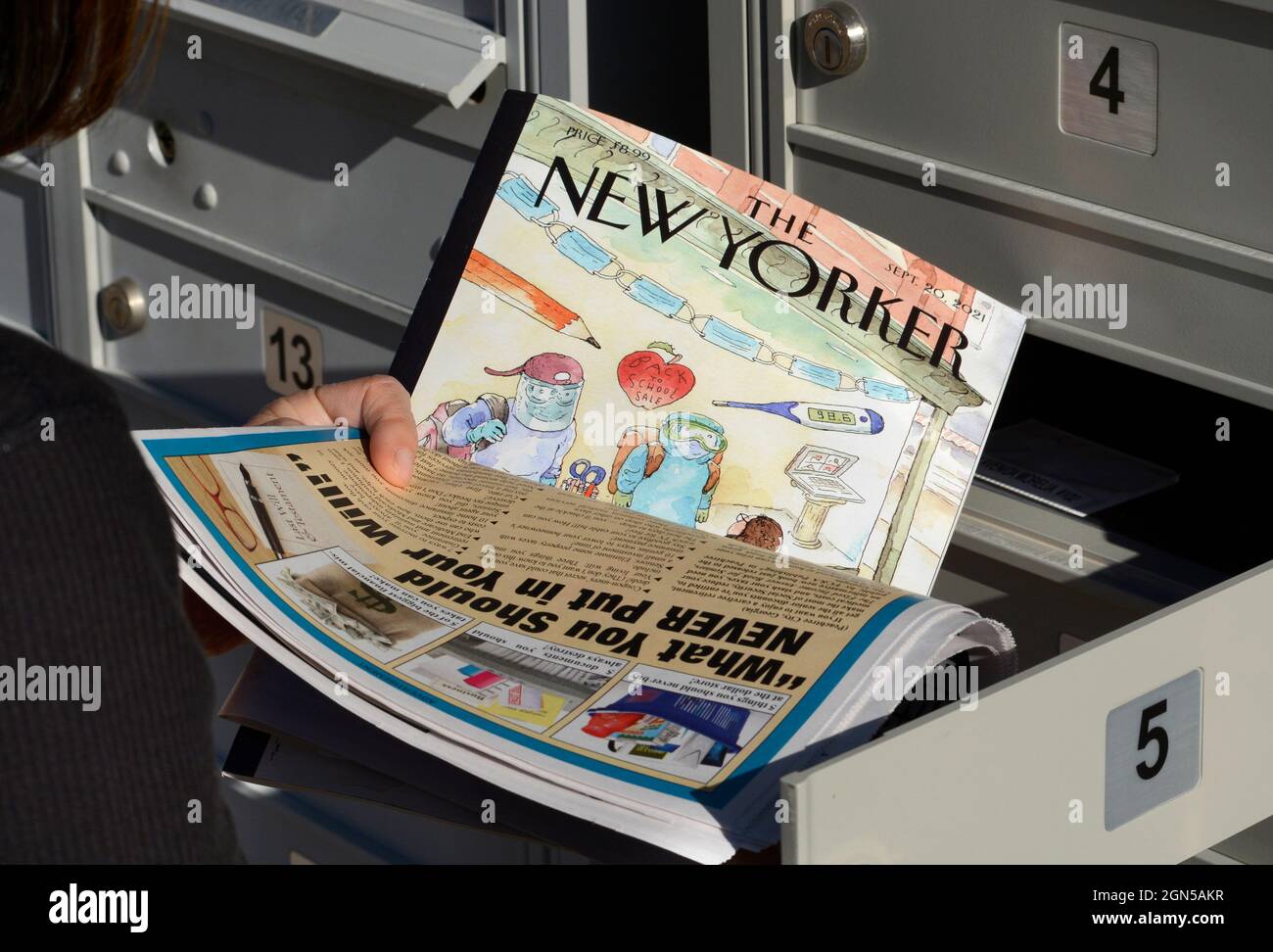 A woman removes her mail, including a copy of The New Yorker magazine ...