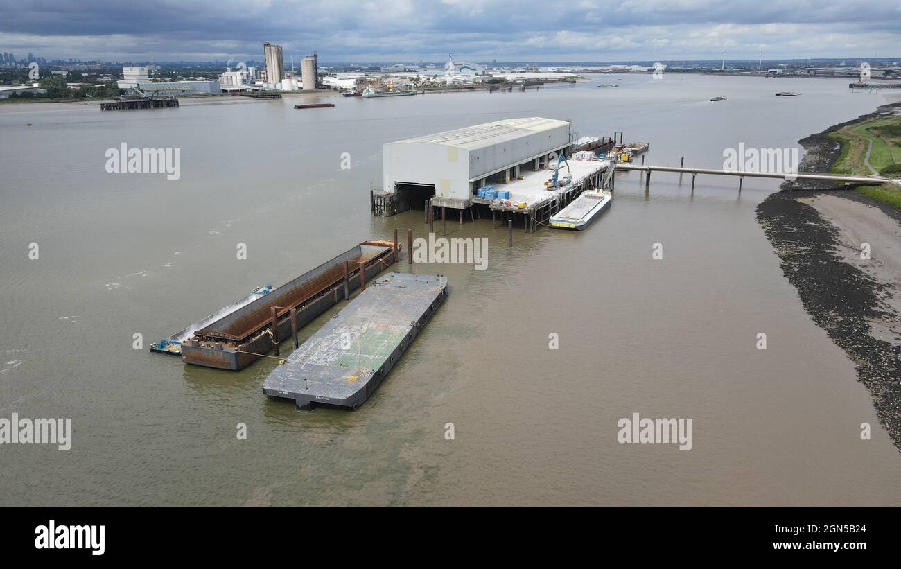 Coldharbour jetty ships loading , river Thames Rainham ,UK Drone Stock ...