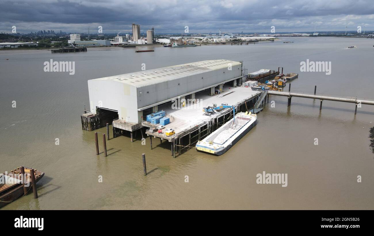 Coldharbour jetty ships loading , river Thames Rainham ,UK Drone Stock ...