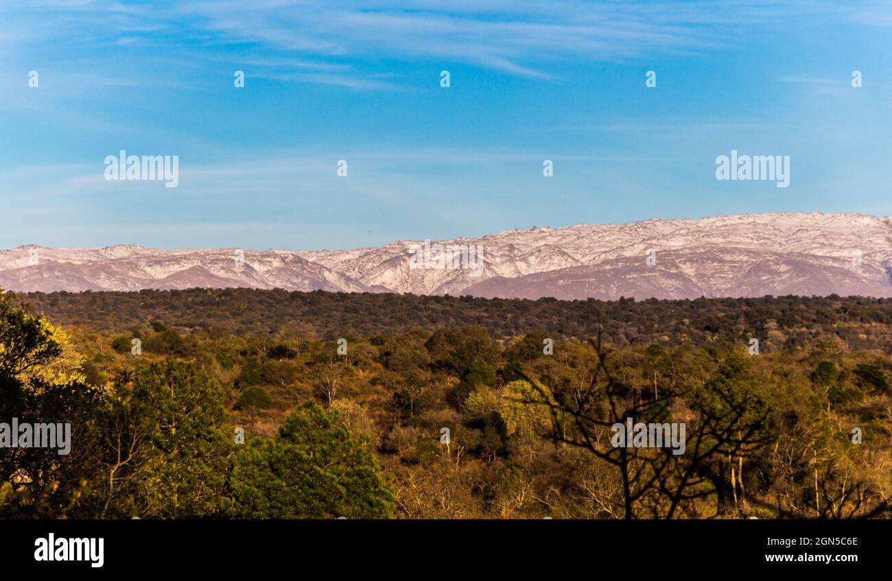 panoramic view of the snowy mountain ranges in the Calamuchita Valley ...