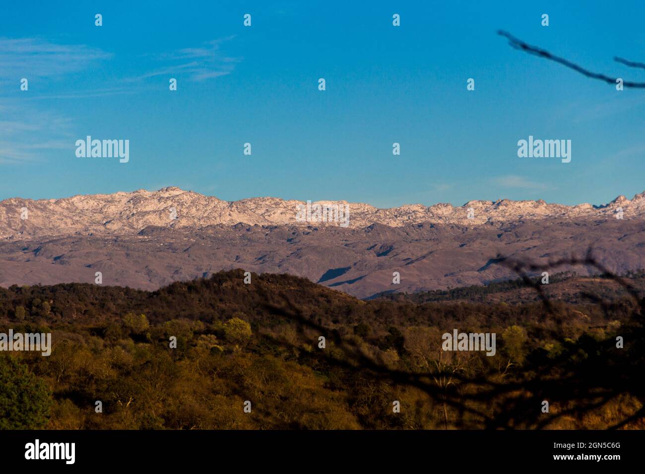 panoramic view of the snowy mountain ranges in the Calamuchita Valley ...