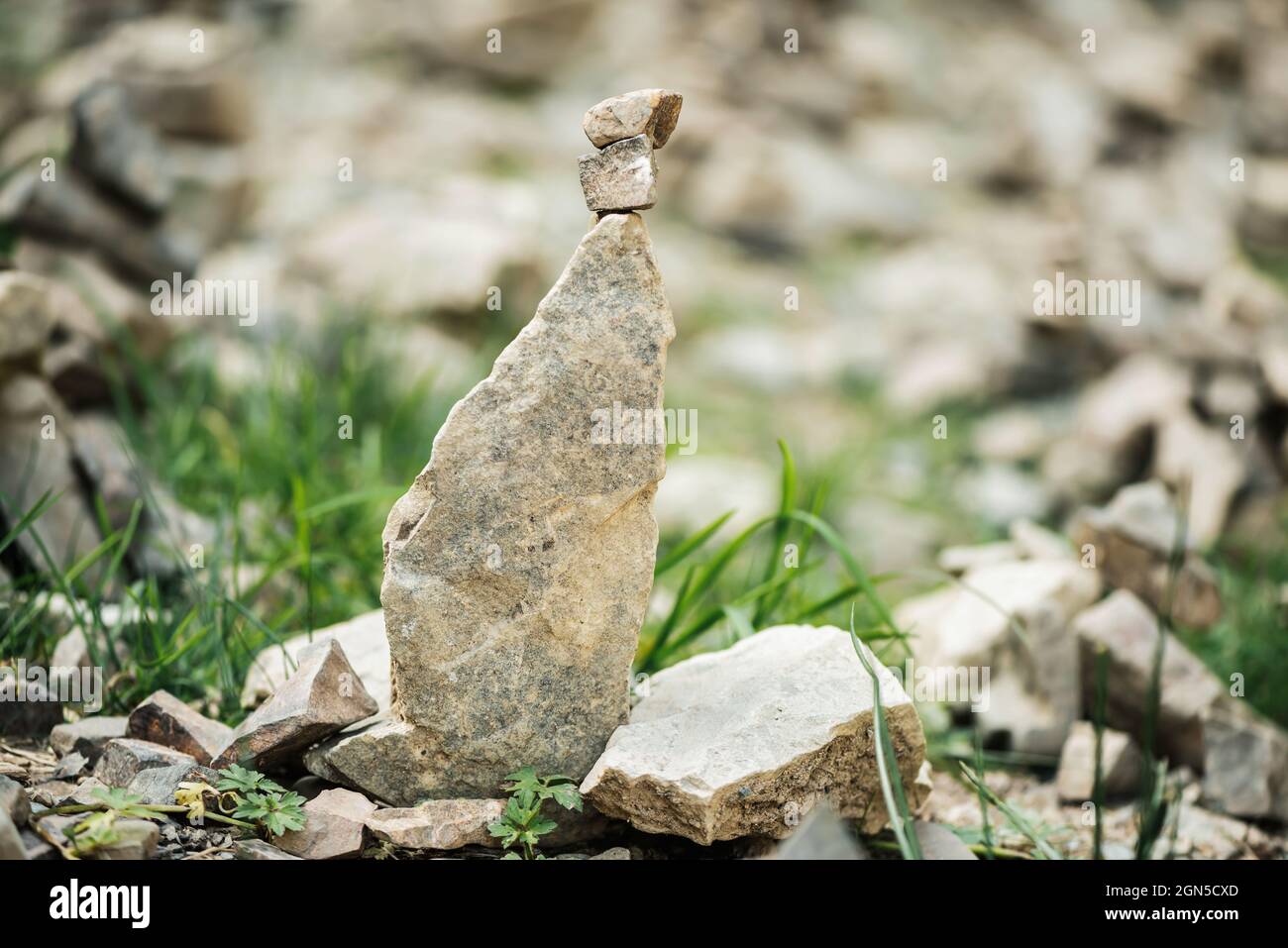 Garden of stones. Pyramids from rocks of brick breeds. Balance concept ...
