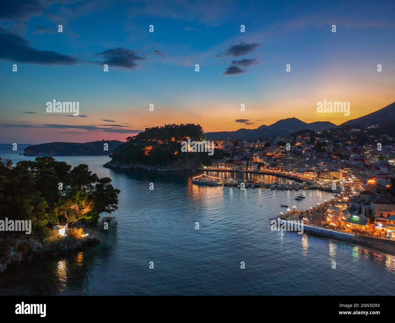 Aerial panoramic cityscape view over Parga coastal city, Epirus, Greece ...