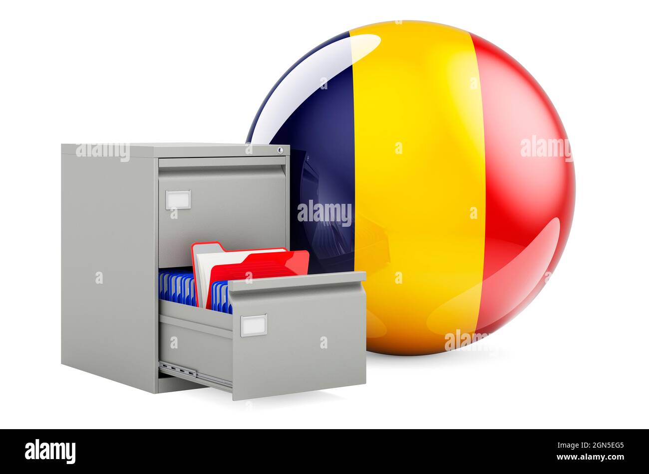 Database in Romania, concept. Folders in filing cabinet with Romanian ...