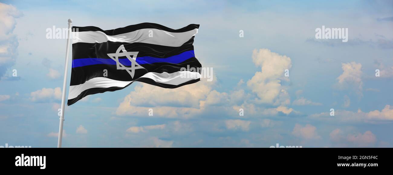Thin Blue Line. Black Flag of Israel with Police Blue Line waving in ...