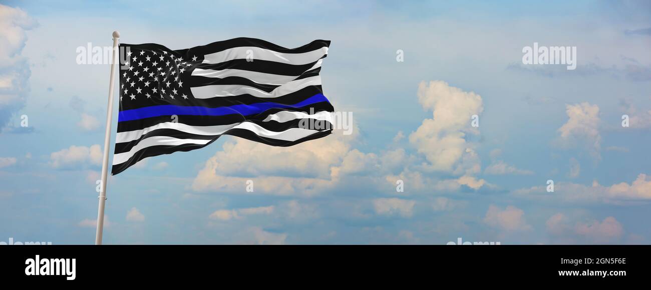 Thin Blue Line. Black Flag of USA with Police Blue Line waving in the ...