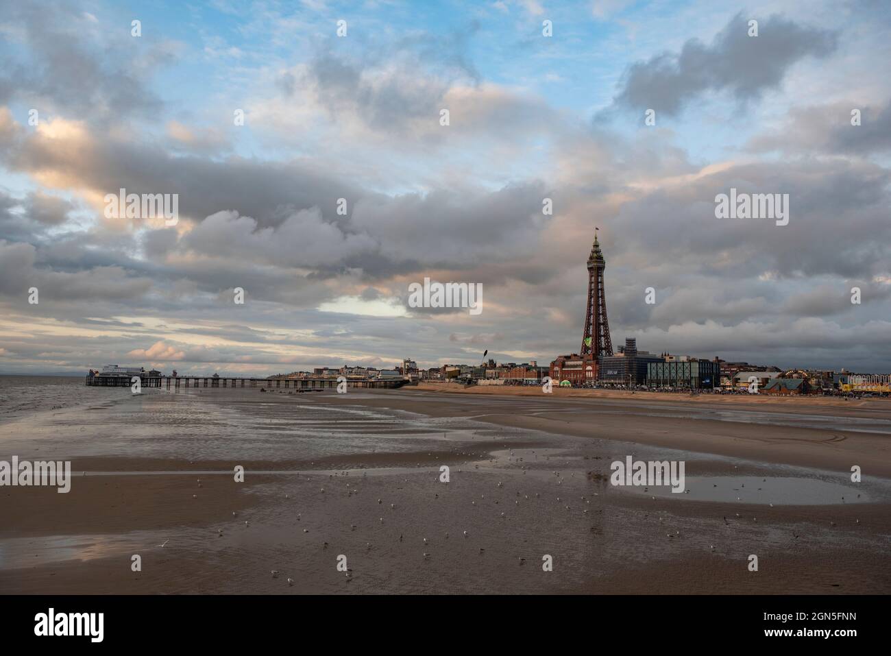 Blackpool Beach, North Pier, Blackpool Tower and Promenade - Evening ...