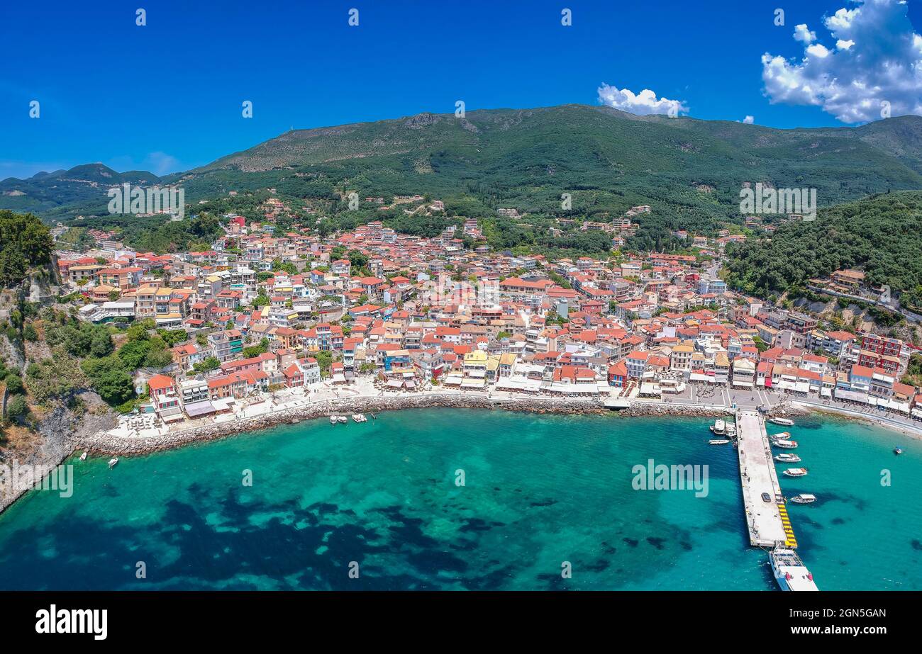 Aerial panoramic cityscape view over Parga coastal city, Epirus, Greece ...