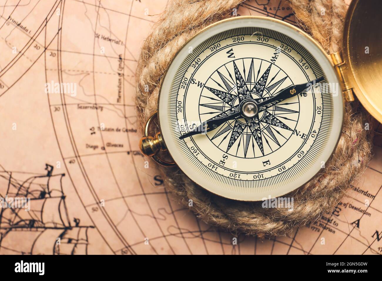 Old compass on vintage world map Stock Photo - Alamy