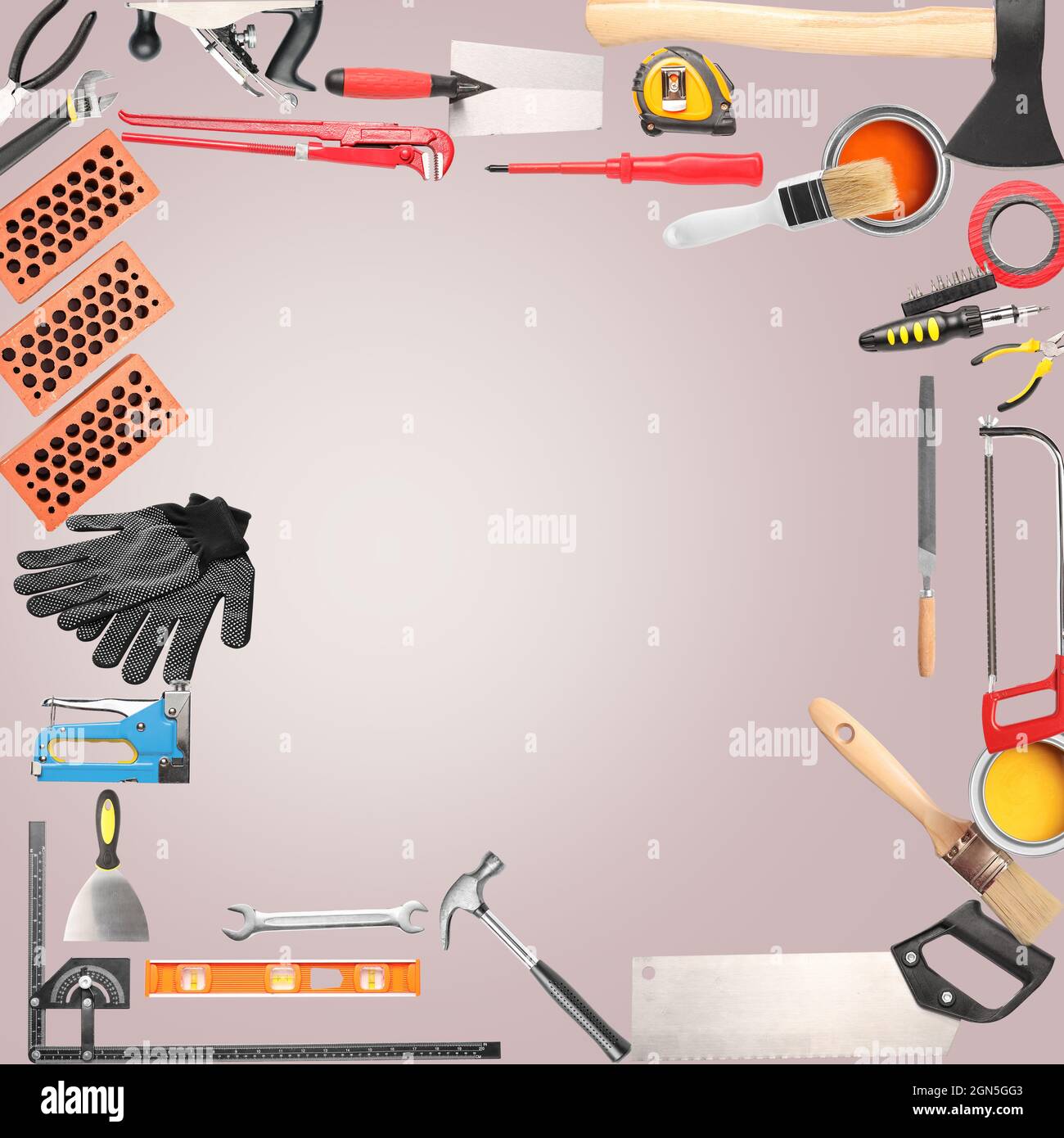 Frame made of different construction tools on grey background Stock ...