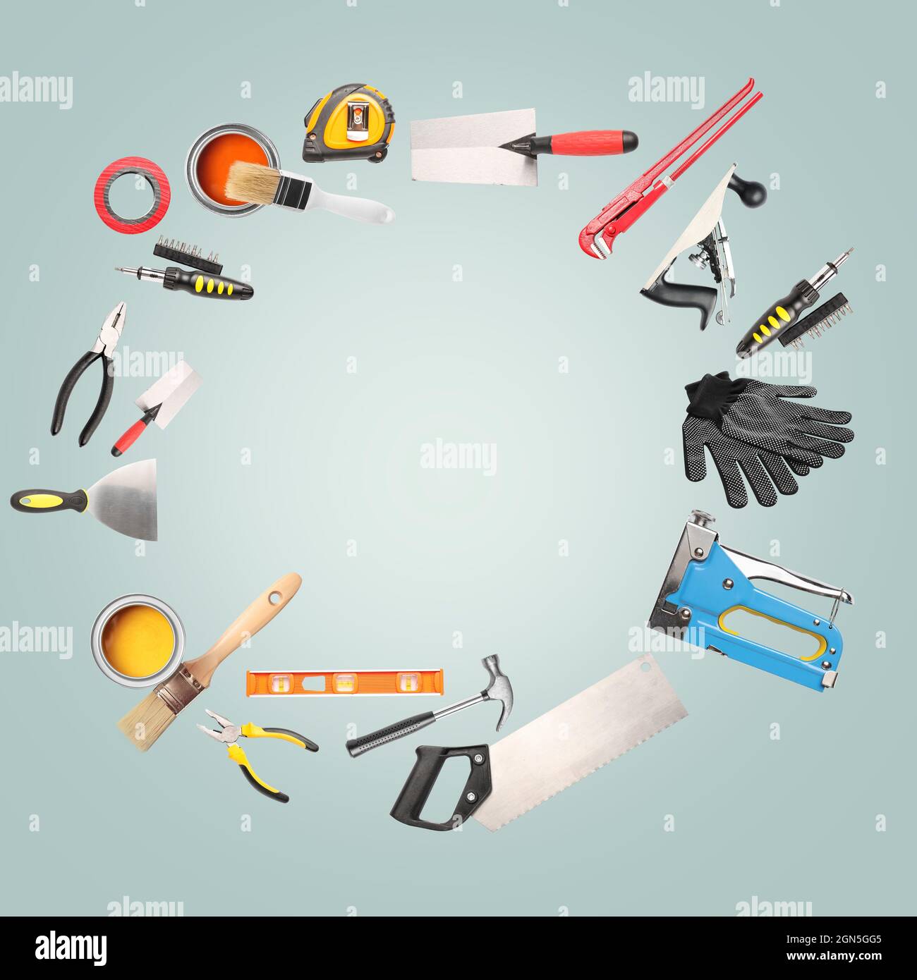 Frame made of different construction tools on grey background Stock ...