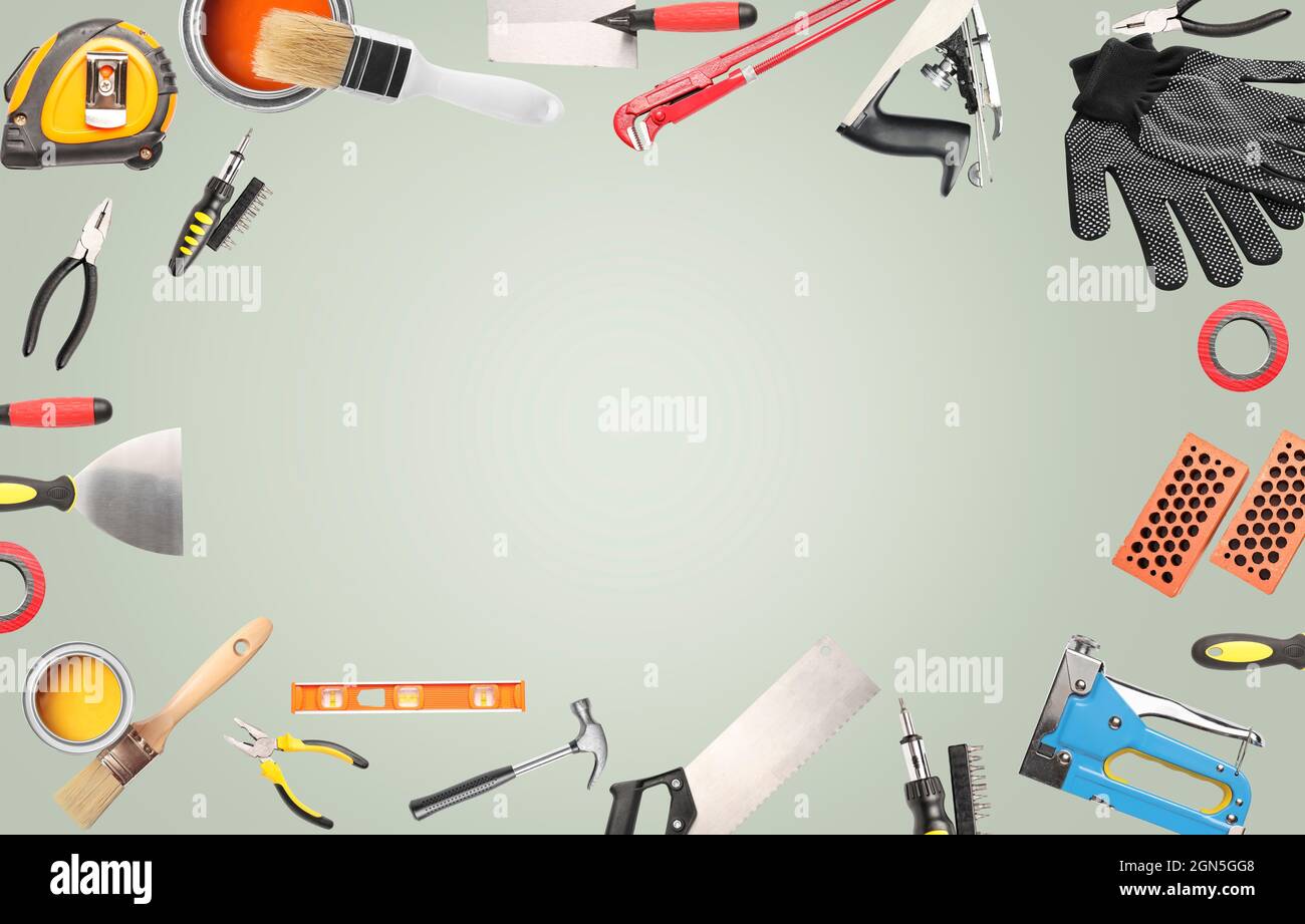 Frame made of different construction tools on grey background Stock ...