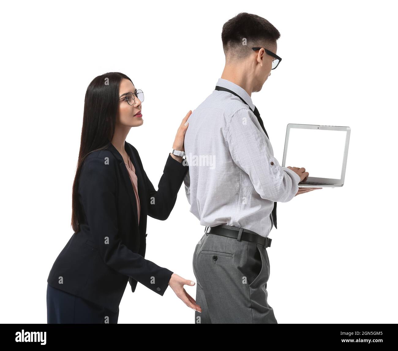 Beautiful young secretary seducing her boss on white background ...