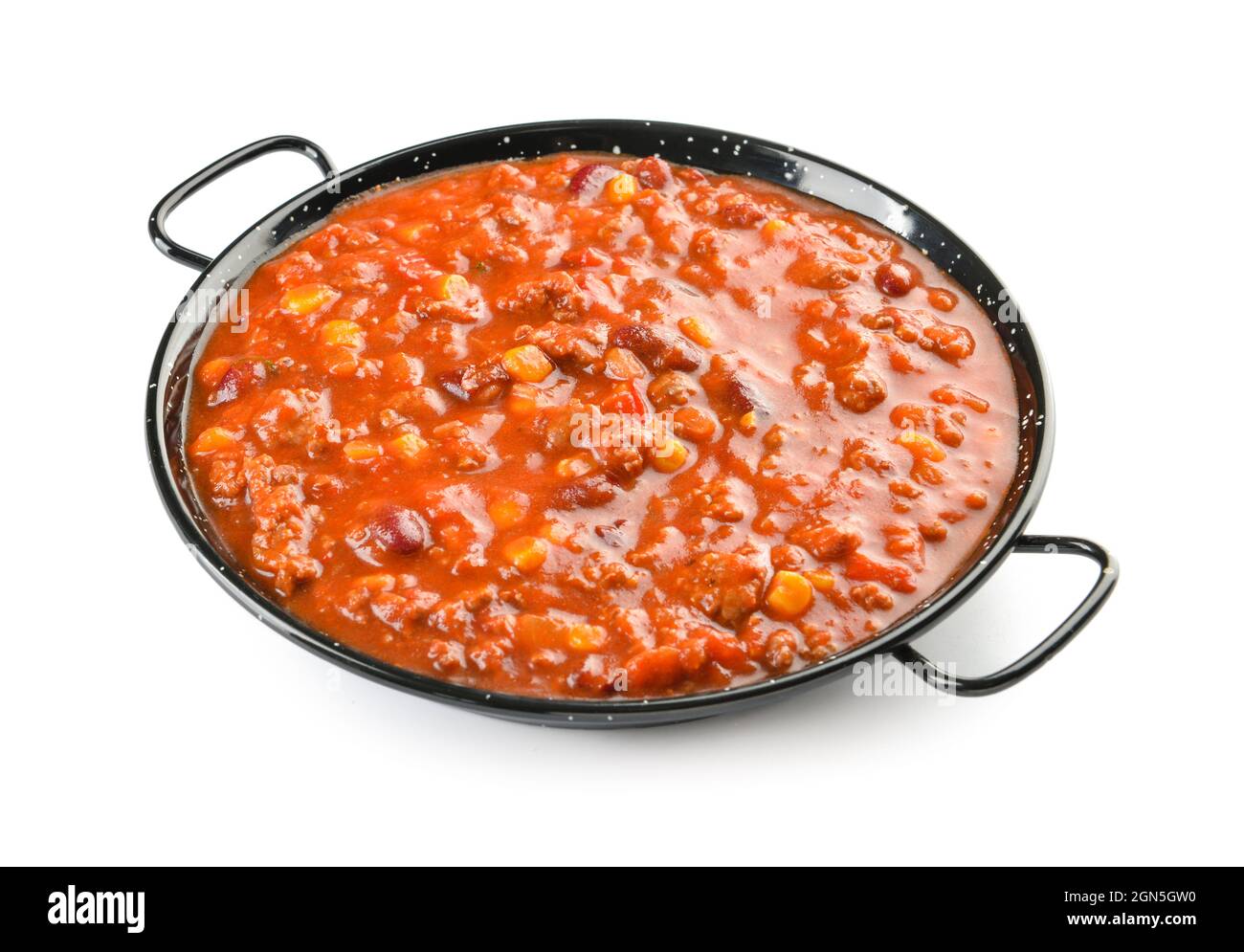 Frying pan with delicious chili con carne on white background Stock ...