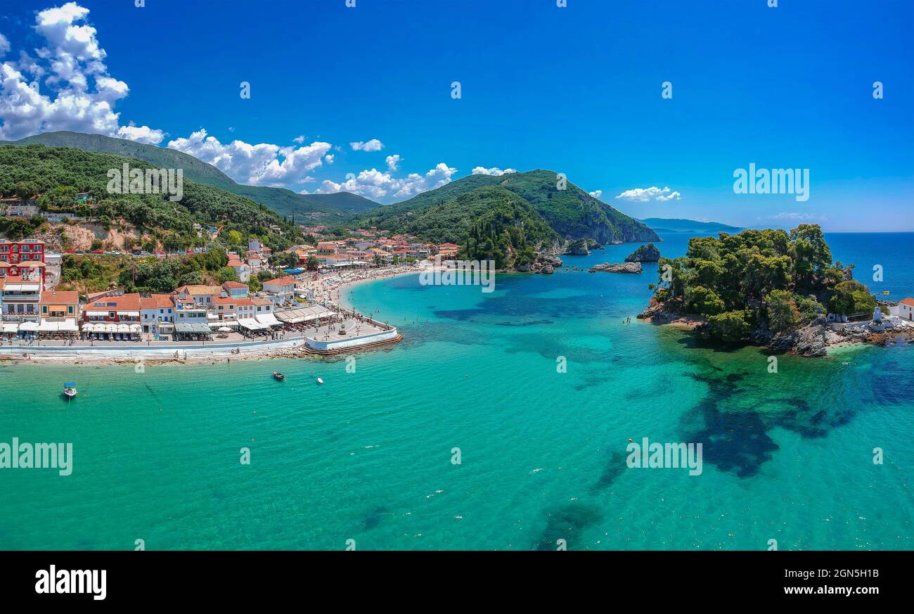 Aerial panoramic cityscape view over Parga coastal city, Epirus, Greece ...