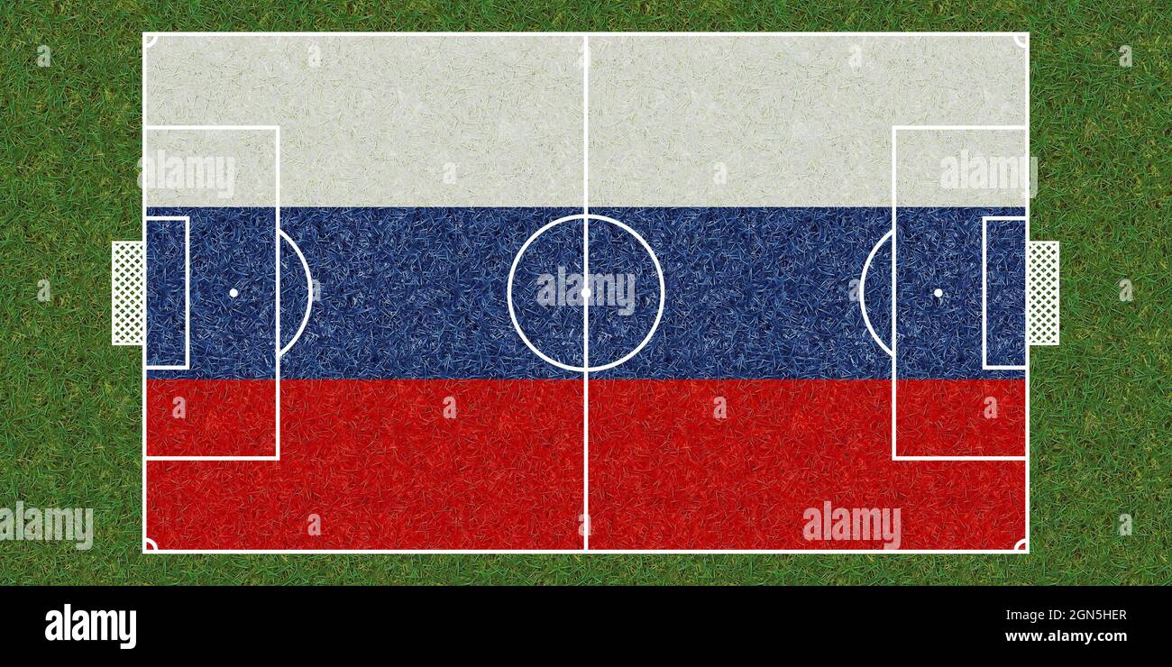 Top view of Green grass soccer field with flag of Russia. football ...