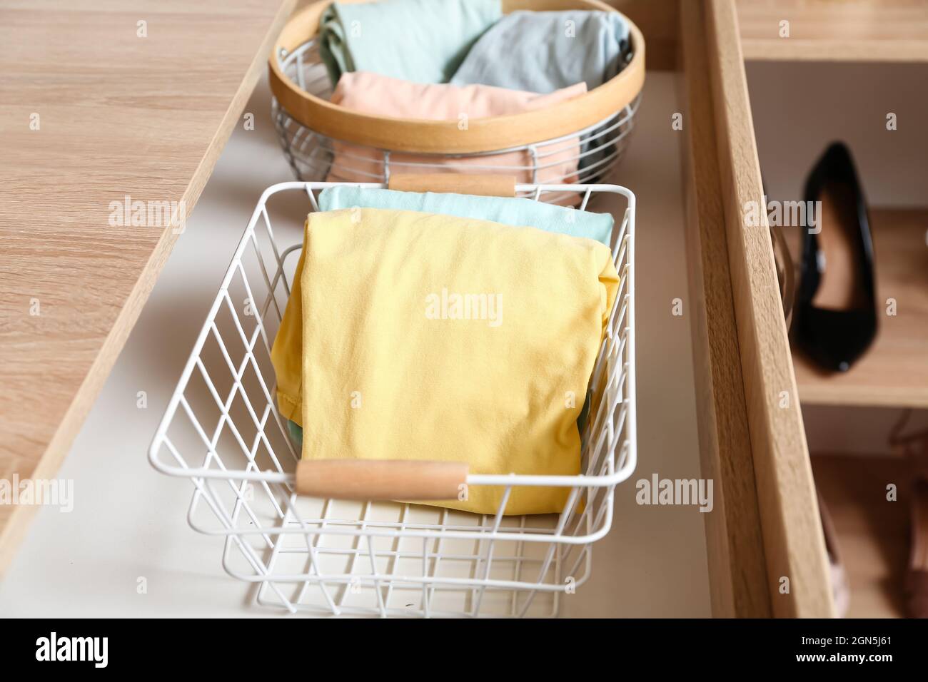 Drawer with wardrobe organizers in dressing room, closeup Stock Photo ...