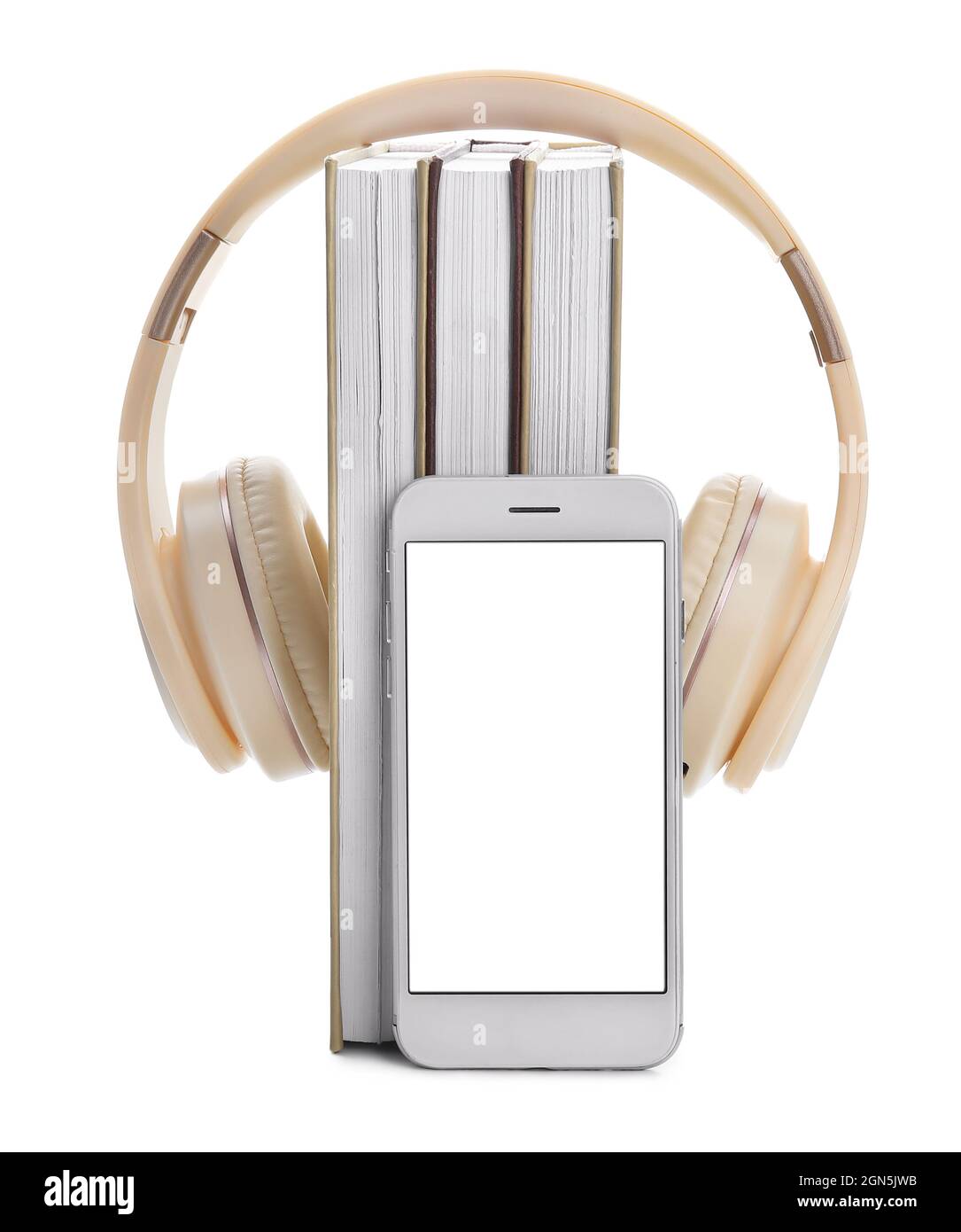 Modern headphones, mobile phone and books on white background Stock ...