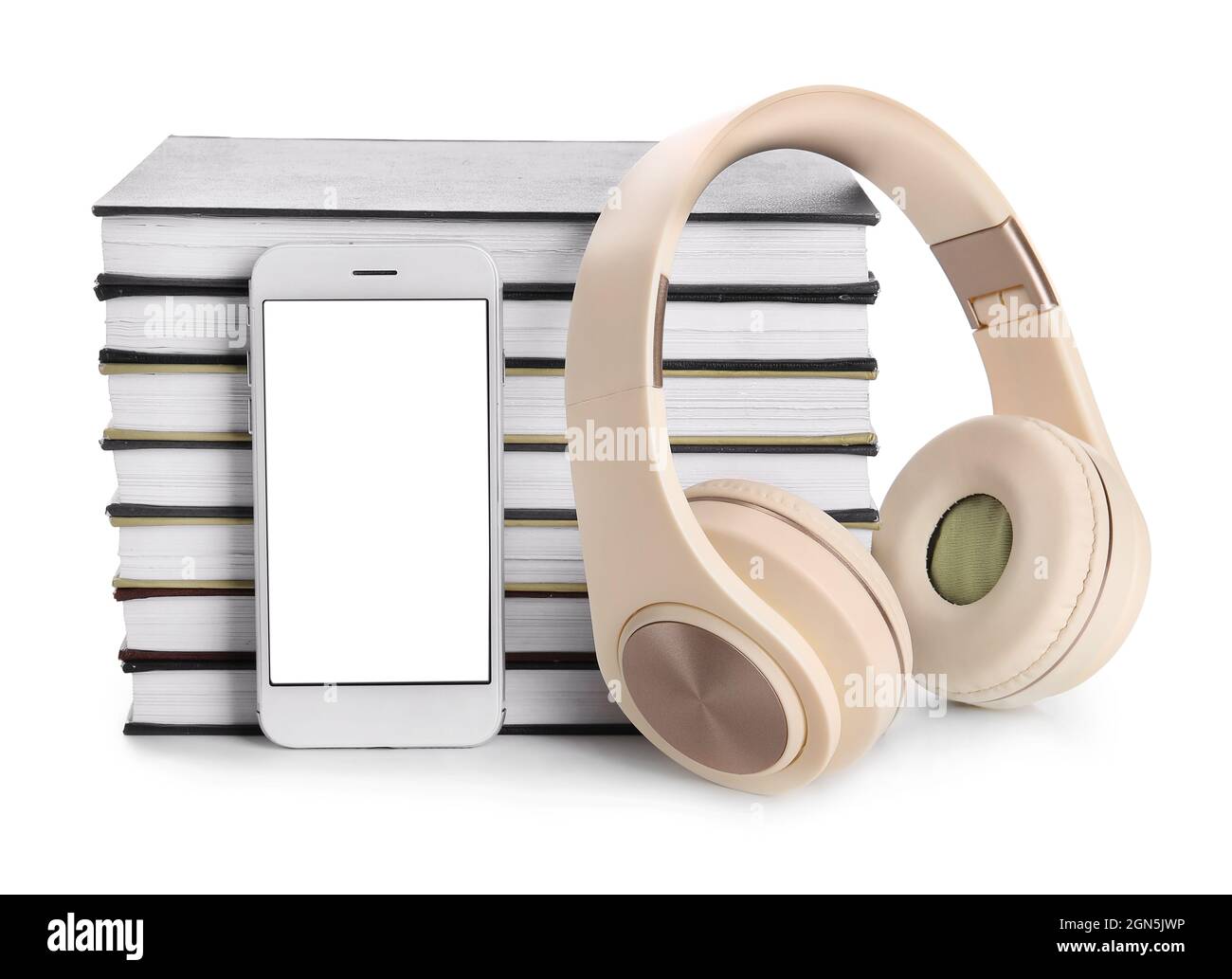 Modern headphones, mobile phone and books on white background Stock ...